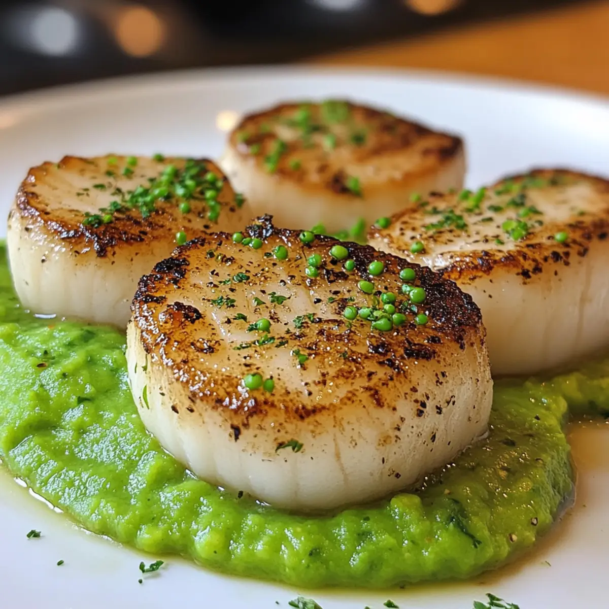 Delicious Irresistible Seared Scallops with Pea Puree recipe